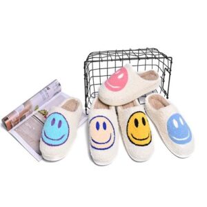 Cute Smile Face Slippers for Women and Men,Soft Plush Comfy Warm Couple Slip-On House Happy Face Slippers For Winter Indoor Outdoor Smile Slippers Non-slip Fuzzy Flat Slides White Pink 4041