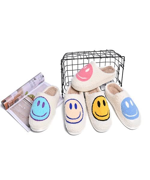 Cute Smile Face Slippers for Women and Men,Soft Plush Comfy Warm Couple Slip-On House Happy Face Slippers For Winter Indoor Outdoor Smile Slippers Non-slip Fuzzy Flat Slides White Pink 4041