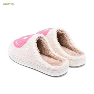 Cute Smile Face Slippers for Women and Men,Soft Plush Comfy Warm Couple Slip-On House Happy Face Slippers For Winter Indoor Outdoor Smile Slippers Non-slip Fuzzy Flat Slides White Pink 4041