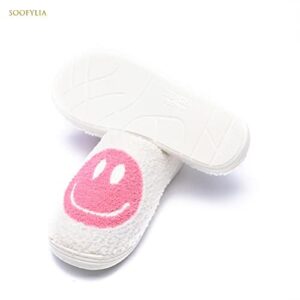 Cute Smile Face Slippers for Women and Men,Soft Plush Comfy Warm Couple Slip-On House Happy Face Slippers For Winter Indoor Outdoor Smile Slippers Non-slip Fuzzy Flat Slides White Pink 4041