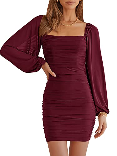 ANRABESS Women's Square Neck Mesh Long Sleeve Ruched Bodycon Mini Dress Party Club Cocktail Short Dresses s 642jiuhong-L Wine Red