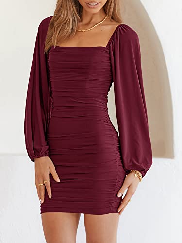 ANRABESS Women's Square Neck Mesh Long Sleeve Ruched Bodycon Mini Dress Party Club Cocktail Short Dresses s 642jiuhong-L Wine Red