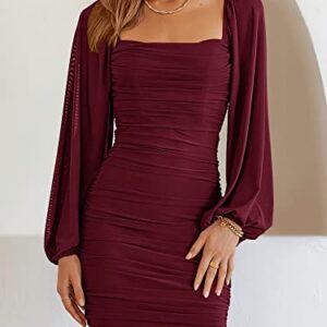 ANRABESS Women's Square Neck Mesh Long Sleeve Ruched Bodycon Mini Dress Party Club Cocktail Short Dresses s 642jiuhong-L Wine Red