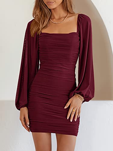 ANRABESS Women's Square Neck Mesh Long Sleeve Ruched Bodycon Mini Dress Party Club Cocktail Short Dresses s 642jiuhong-L Wine Red