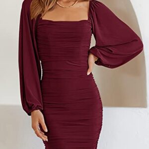 ANRABESS Women's Square Neck Mesh Long Sleeve Ruched Bodycon Mini Dress Party Club Cocktail Short Dresses s 642jiuhong-L Wine Red