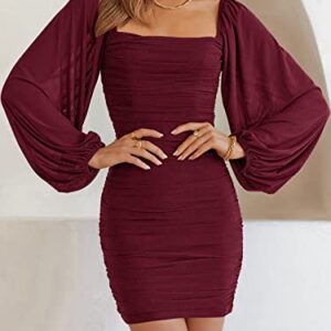 ANRABESS Women's Square Neck Mesh Long Sleeve Ruched Bodycon Mini Dress Party Club Cocktail Short Dresses s 642jiuhong-L Wine Red