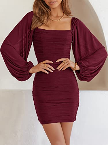 ANRABESS Women's Square Neck Mesh Long Sleeve Ruched Bodycon Mini Dress Party Club Cocktail Short Dresses s 642jiuhong-L Wine Red