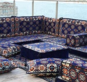 Navy Blue U Shaped Arabic Floor Sofa Set, Floor Cushions, Balcony Patio Sofas, Pallet Sofa, Ethnic Sofa, Moroccan Sofas, Sectional Sofas, Pouffs (U Sofa Full Set)