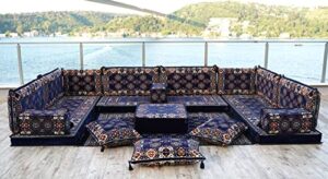 navy blue u shaped arabic floor sofa set, floor cushions, balcony patio sofas, pallet sofa, ethnic sofa, moroccan sofas, sectional sofas, pouffs (u sofa full set)