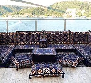 Navy Blue U Shaped Arabic Floor Sofa Set, Floor Cushions, Balcony Patio Sofas, Pallet Sofa, Ethnic Sofa, Moroccan Sofas, Sectional Sofas, Pouffs (U Sofa Full Set)