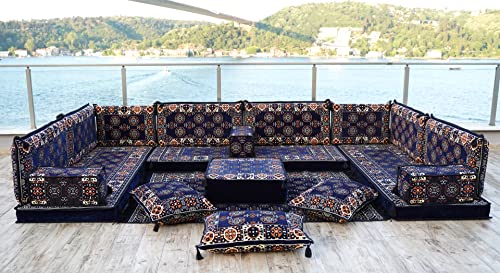 Navy Blue U Shaped Arabic Floor Sofa Set, Floor Cushions, Balcony Patio Sofas, Pallet Sofa, Ethnic Sofa, Moroccan Sofas, Sectional Sofas, Pouffs (U Sofa Full Set)