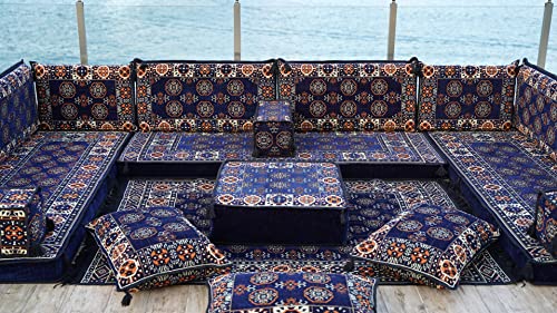 Navy Blue U Shaped Arabic Floor Sofa Set, Floor Cushions, Balcony Patio Sofas, Pallet Sofa, Ethnic Sofa, Moroccan Sofas, Sectional Sofas, Pouffs (U Sofa Full Set)