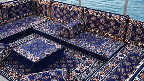 Navy Blue U Shaped Arabic Floor Sofa Set, Floor Cushions, Balcony Patio Sofas, Pallet Sofa, Ethnic Sofa, Moroccan Sofas, Sectional Sofas, Pouffs (U Sofa Full Set)