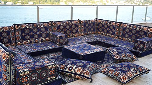 Navy Blue U Shaped Arabic Floor Sofa Set, Floor Cushions, Balcony Patio Sofas, Pallet Sofa, Ethnic Sofa, Moroccan Sofas, Sectional Sofas, Pouffs (U Sofa Full Set)