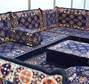 Navy Blue U Shaped Arabic Floor Sofa Set, Floor Cushions, Balcony Patio Sofas, Pallet Sofa, Ethnic Sofa, Moroccan Sofas, Sectional Sofas, Pouffs (U Sofa Full Set)