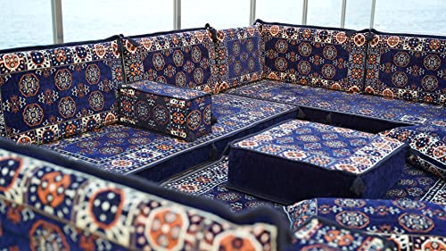 Navy Blue U Shaped Arabic Floor Sofa Set, Floor Cushions, Balcony Patio Sofas, Pallet Sofa, Ethnic Sofa, Moroccan Sofas, Sectional Sofas, Pouffs (U Sofa Full Set)