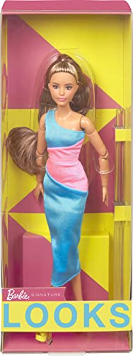 Barbie Looks Doll with Brown Hair Dressed in One-Shoulder Pink and Blue Midi Dress, Posable Made to Move Body Small