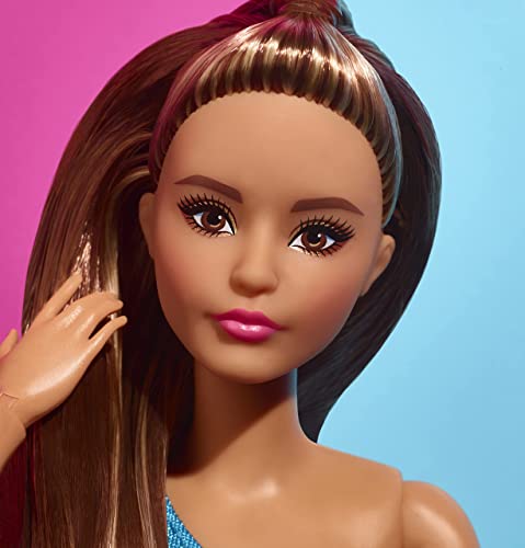 Barbie Looks Doll with Brown Hair Dressed in One-Shoulder Pink and Blue Midi Dress, Posable Made to Move Body Small