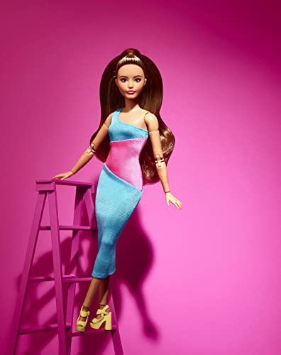 Barbie Looks Doll with Brown Hair Dressed in One-Shoulder Pink and Blue Midi Dress, Posable Made to Move Body Small