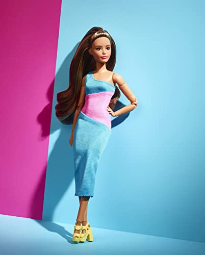 Barbie Looks Doll with Brown Hair Dressed in One-Shoulder Pink and Blue Midi Dress, Posable Made to Move Body Small