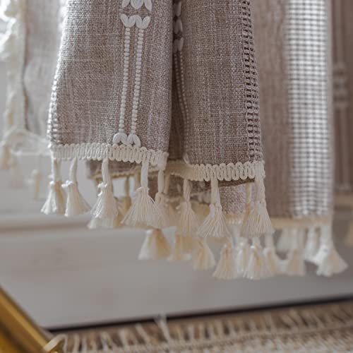 Linen Curtains 84 Inches Long Embroidery Striped Farmhouse Curtains for Living Room Tassel Boho Curtains for Bedroom Light Filtering Curtains 2 Panels Set Rod Pocket Drapes (52" W x 84" L,Khaki)