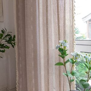 Linen Curtains 84 Inches Long Embroidery Striped Farmhouse Curtains for Living Room Tassel Boho Curtains for Bedroom Light Filtering Curtains 2 Panels Set Rod Pocket Drapes (52" W x 84" L,Khaki)