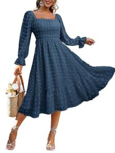 amegoya women's elegant square neck long sleeve formal dress fall swiss dot modest smocked midi wedding guest dress (navy blue l)