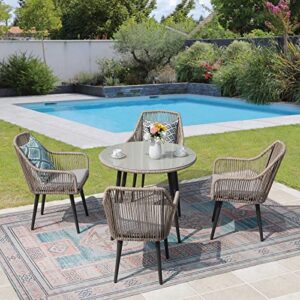 joivi 5 piece outdoor dining set, wicker patio furniture dining table and chairs set with cushions for 4 people, tempered glass tabletop with 2.16” umbrella hole, for lawn, backyard, garden