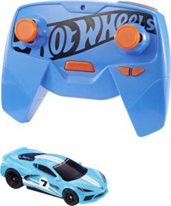 hot wheels rc c8 corvette in 1:64 scale, remote-control toy car with controller & track adapter, works on & off track