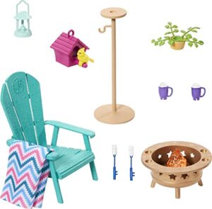 barbie furniture and accessories, doll house decor set with backyard patio, bonfire, birdfeeder and birdhouse