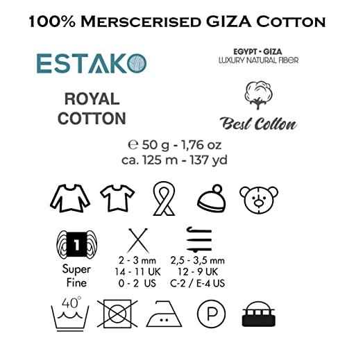 Estako Royal Cotton, 100% Mercerized Giza Cotton Yarn, Soft, Super Fino 1 for Crochet and Knitting 1.76 Oz (50g) / 137 Yrds (125m) (5085 - Brown)