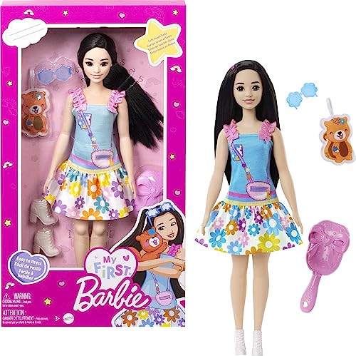 Barbie My First Barbie Preschool Doll, Renee with 13.5-inch Soft Posable Body & Black Hair, Plush Squirrel & Accessories