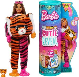 barbie cutie reveal fashion doll, jungle series tiger plush costume, 10 surprises including mini pet & color change