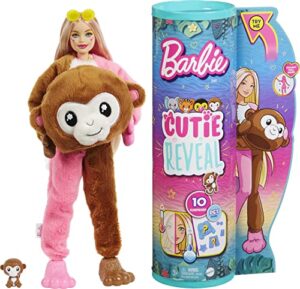 barbie cutie reveal fashion doll, jungle series monkey plush costume, 10 surprises including mini pet & color change