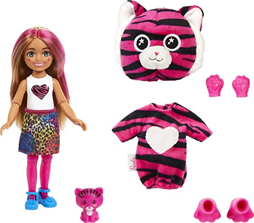 Barbie Cutie Reveal Chelsea Small Doll, Jungle Series Tiger Plush Costume, 7 Surprises Including Mini Pet & Color Change