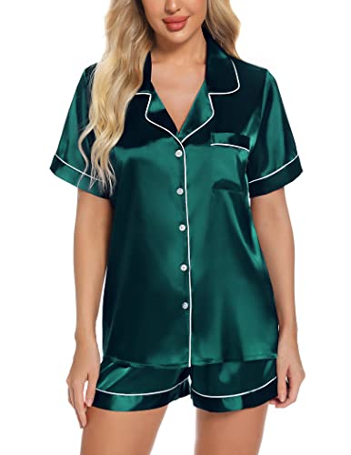 Pjmlifecoco Silk Pajama Set for Women Short Sleeve Sleepwear Soft Silk Pajama Set Bridesmaid Pjs Green