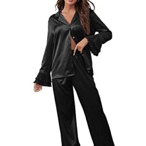 Verdusa Women's Satin Notch Collar Blouse and Ruffle Hem Pants PJ Set Black M