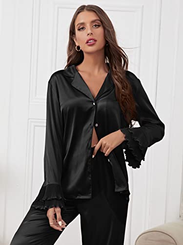 Verdusa Women's Satin Notch Collar Blouse and Ruffle Hem Pants PJ Set Black M