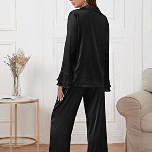 Verdusa Women's Satin Notch Collar Blouse and Ruffle Hem Pants PJ Set Black M