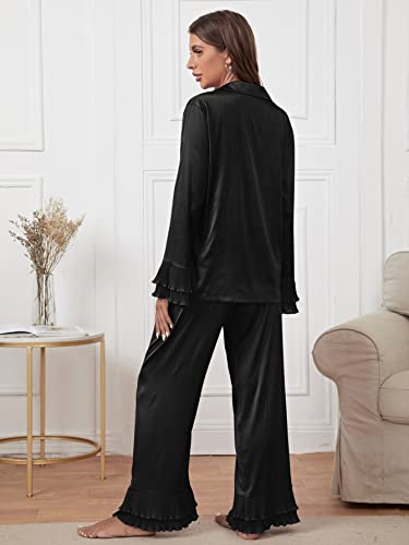 Verdusa Women's Satin Notch Collar Blouse and Ruffle Hem Pants PJ Set Black M