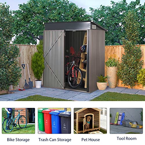 Verano Garden 5'x3' Outdoor Storage Shed, Galvanized Metal Steel Garden Shed W/Lockable Door, Small Bike Storage for Backyard, Patio, Lawn/Taupe