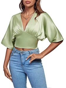 lyaner women's satin deep v neck ruched blouse shirred back batwing short sleeve crop top light green x-large