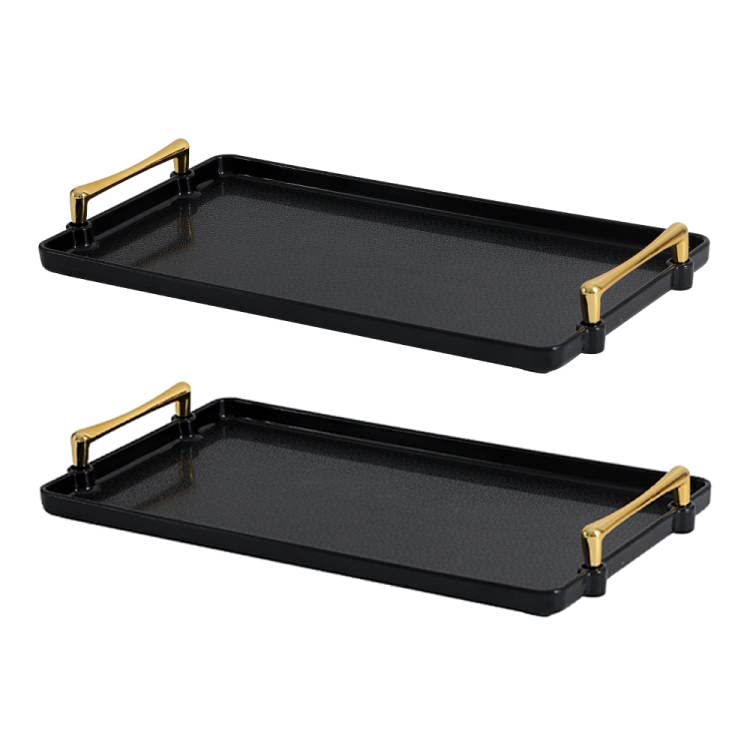 Table Tray Plastic Serving Trays - Modern Rectangular Decorative Tray for Coffee Table Living Room Kitchen Countertop Bathroom - Food Tray for Eating Breakfast with Gold Handles - 15.4 x 8.5 Inches