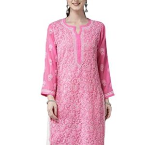 Ada Hand Embroidered Indian Chikankari Traditional Georgette Kurti Kurta Tunic Dress A411221 (L, Pink)