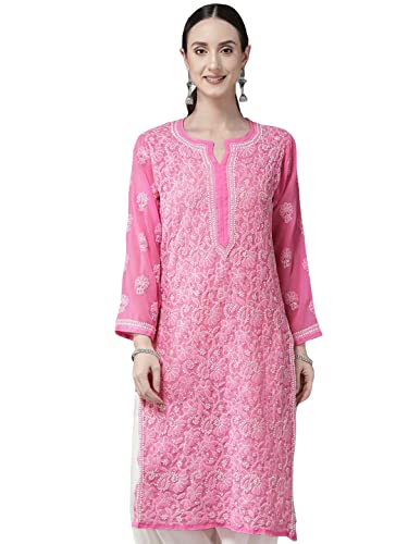 Ada Hand Embroidered Indian Chikankari Traditional Georgette Kurti Kurta Tunic Dress A411221 (L, Pink)