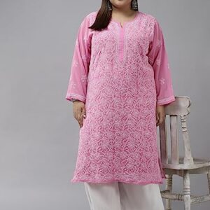 Ada Hand Embroidered Indian Chikankari Traditional Georgette Kurti Kurta Tunic Dress A411221 (L, Pink)