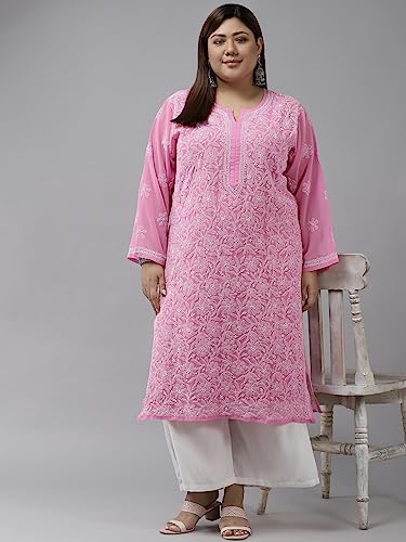 Ada Hand Embroidered Indian Chikankari Traditional Georgette Kurti Kurta Tunic Dress A411221 (L, Pink)