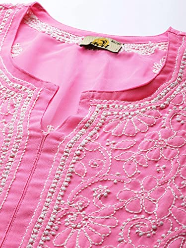 Ada Hand Embroidered Indian Chikankari Traditional Georgette Kurti Kurta Tunic Dress A411221 (L, Pink)