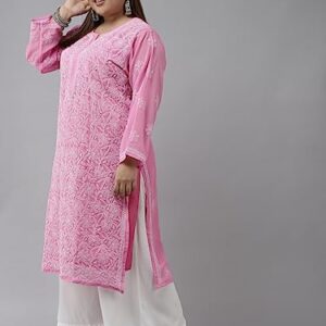 Ada Hand Embroidered Indian Chikankari Traditional Georgette Kurti Kurta Tunic Dress A411221 (L, Pink)