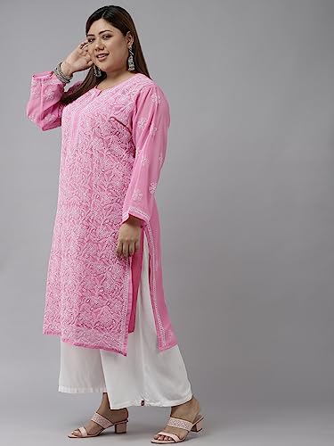 Ada Hand Embroidered Indian Chikankari Traditional Georgette Kurti Kurta Tunic Dress A411221 (L, Pink)